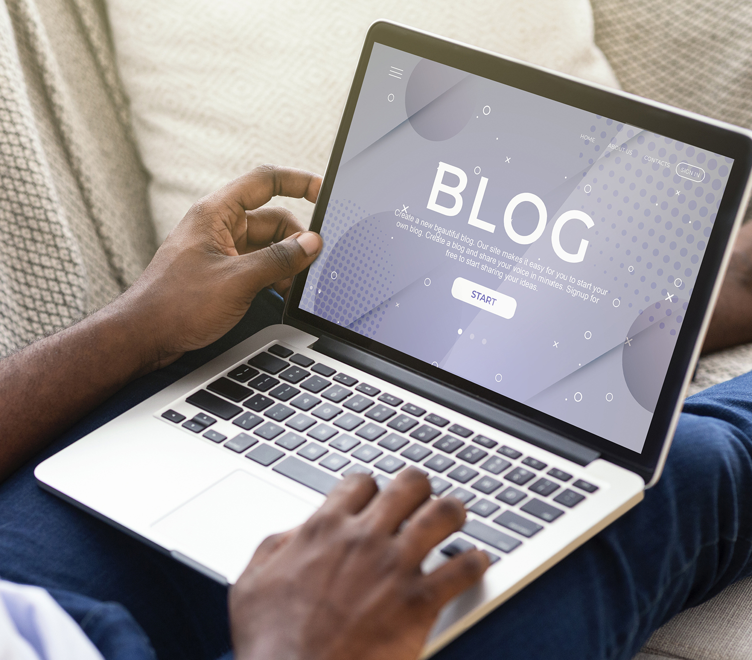 Professional blogger working on his new post for social media at home ...